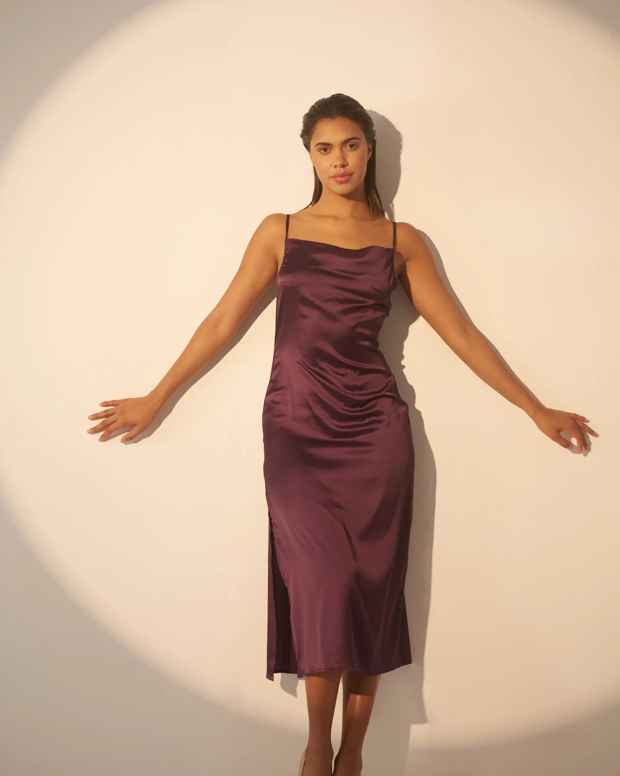 UNSTOPPABLE - Violet satin cowl neck slip dress – myclo1